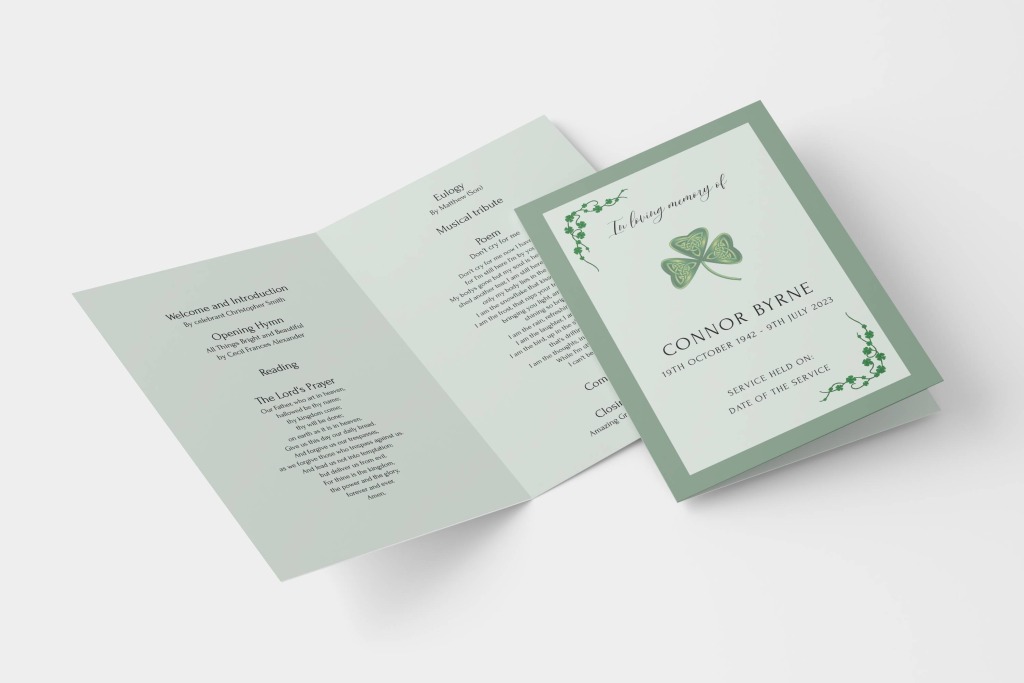 Irish shamrock funeral order of service template 136 - Order Of Service ...