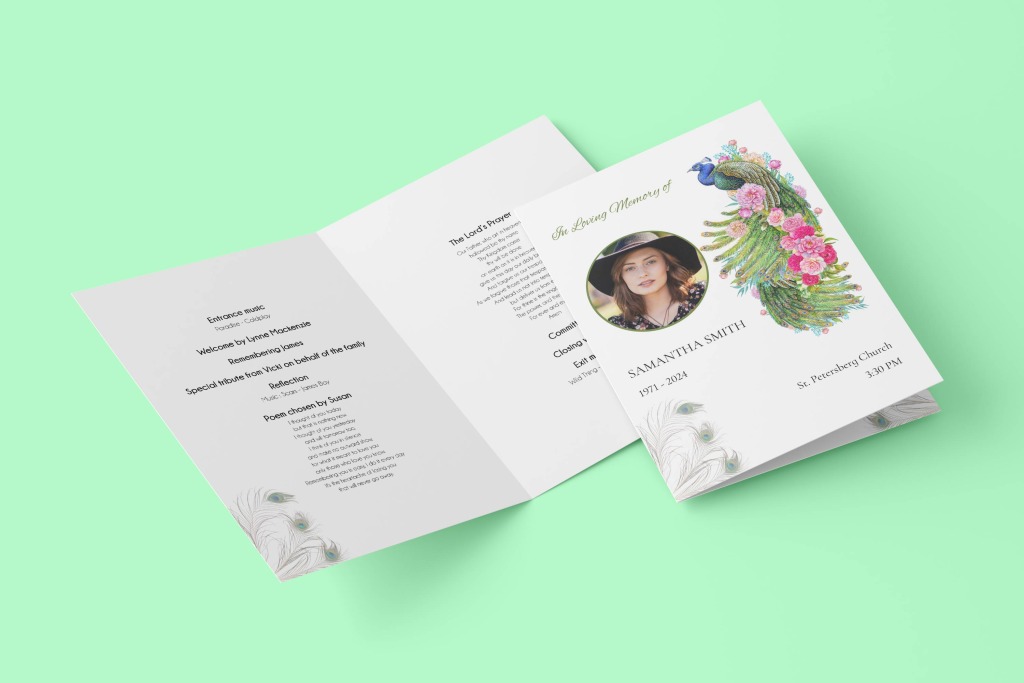 Beautiful Peacock Funeral Order Of Service Template Design 174 ...